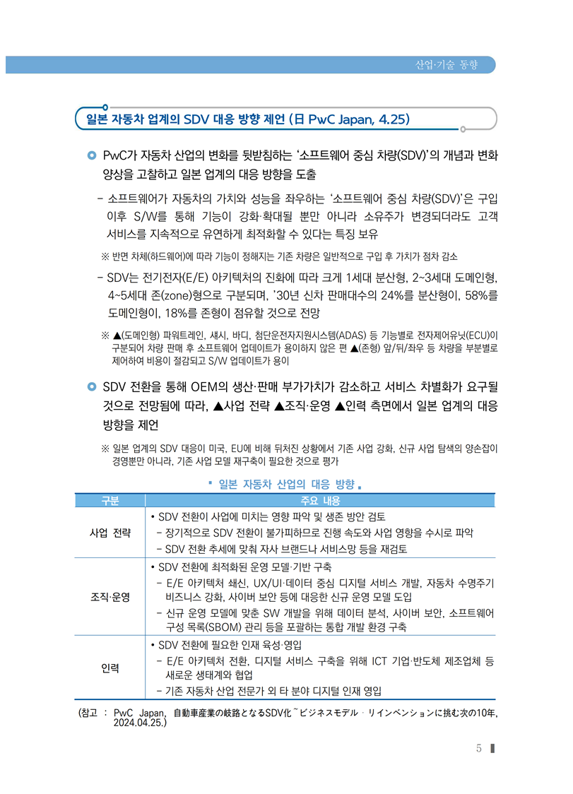 4. [2024년 10호] (산업‧기술동향) 일본 자동차 업계의 SDV 대응 방향 제언 (日 PwC Japan, 4.25) : 전기이륜차