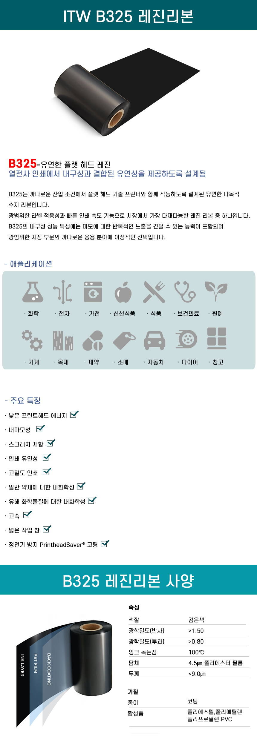 ITW B325 (레진) 열전사 바코드리본 라벨먹지 케이솔루션 k-solution