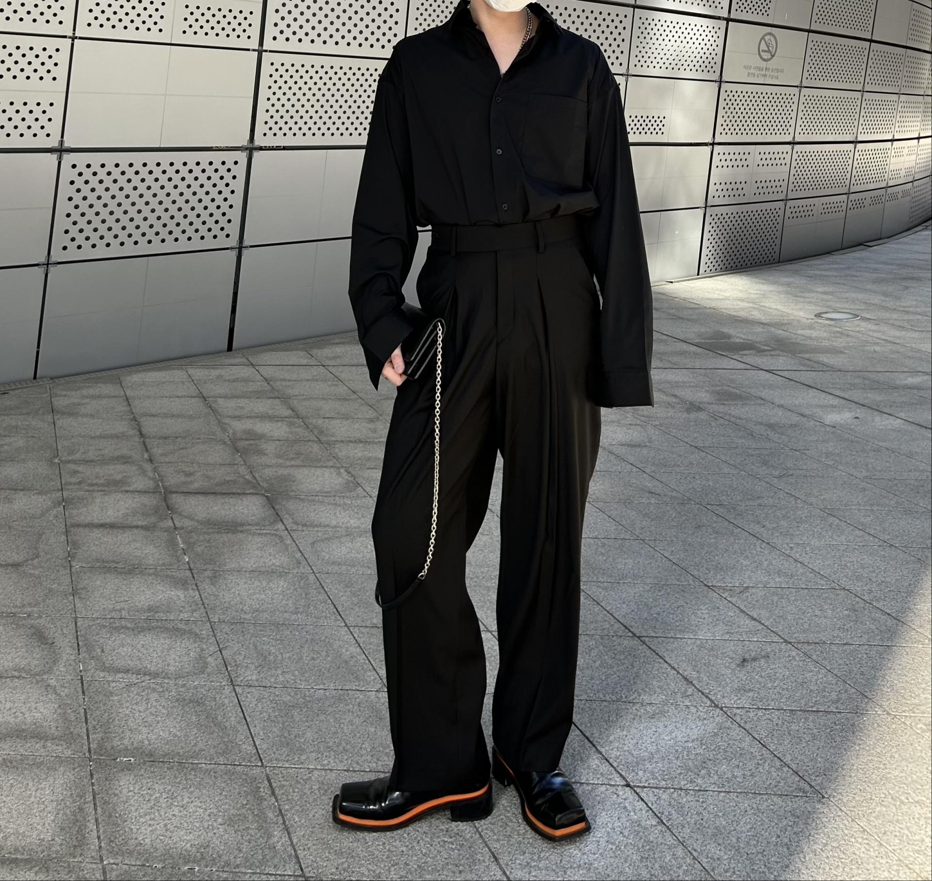 (soldout) 벨티드 역주름 세미와이드 슬랙스 2COL (블랙,다크그레이) : 이치반