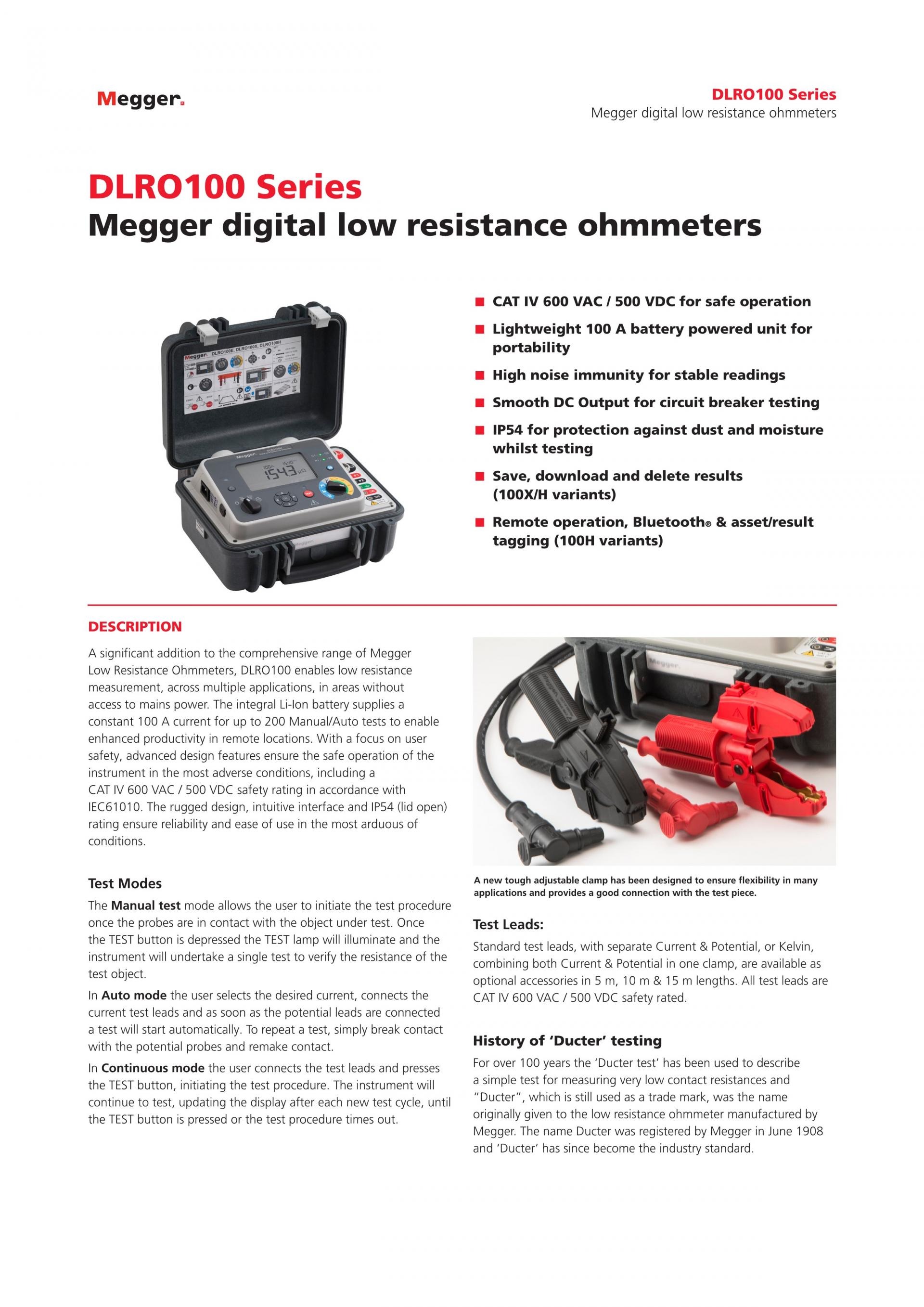 MEGGER 메거 DLRO100 – 저저항 측정기 시리즈 DLRO100E DLRO100EB DLRO100X DLRO100XB ...