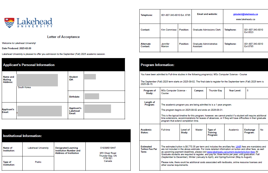 [입학허가] 권O호님 - 레이크헤드 Lakehead University 컴퓨터사이언스 석사 : 엑스퍼트 유학이민