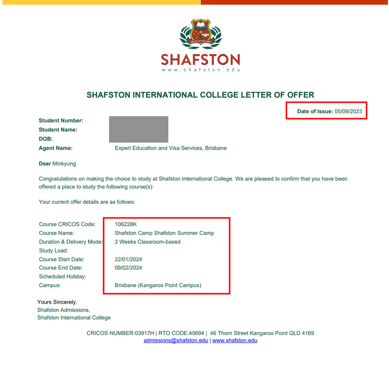 [조건부 입학 허가] -김O경 Shafton International College 초등학생 영어캠프 : 엑스퍼트 유학이민