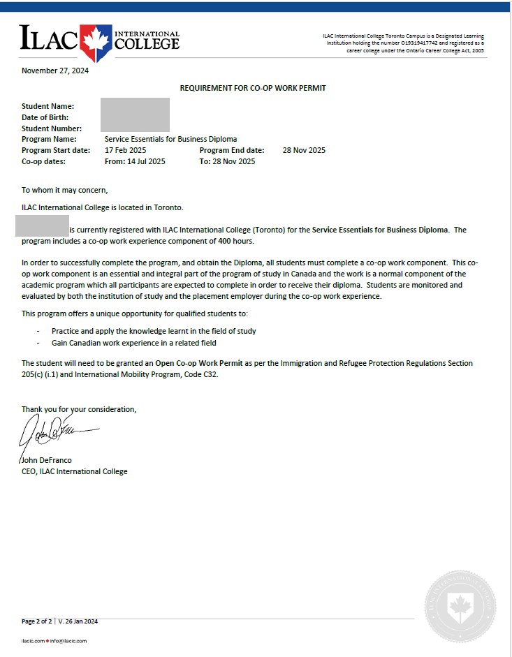 [입학허가] 손O욱님 - ILAC College 아일락컬리지 코업 Service Essential for Business ...