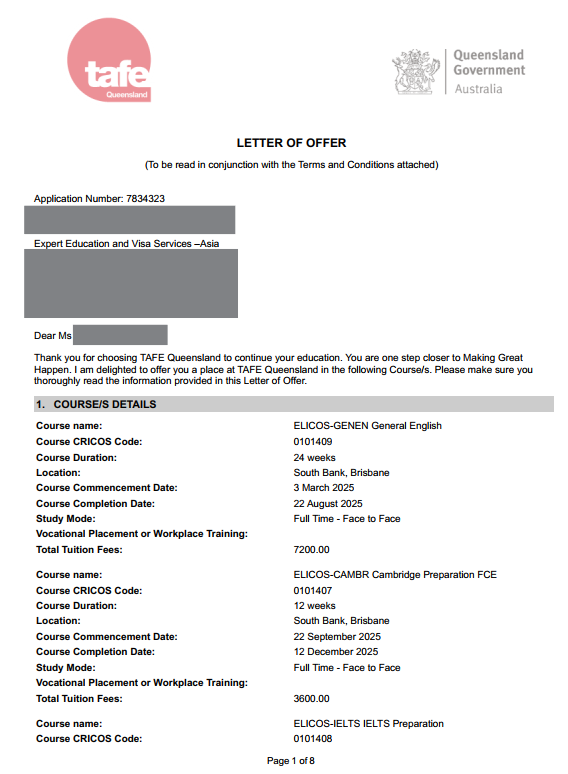 [입학허가] 심O은님 - TAFE QLD 일반영어, 캠브릿지, EAP 영어 과정 48주 , 공무원 유학휴직 : 엑스퍼트 유학이민