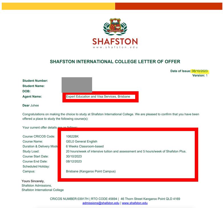 [입학 허가] -박O희 Shafton International College 성인영어 : 엑스퍼트 유학이민