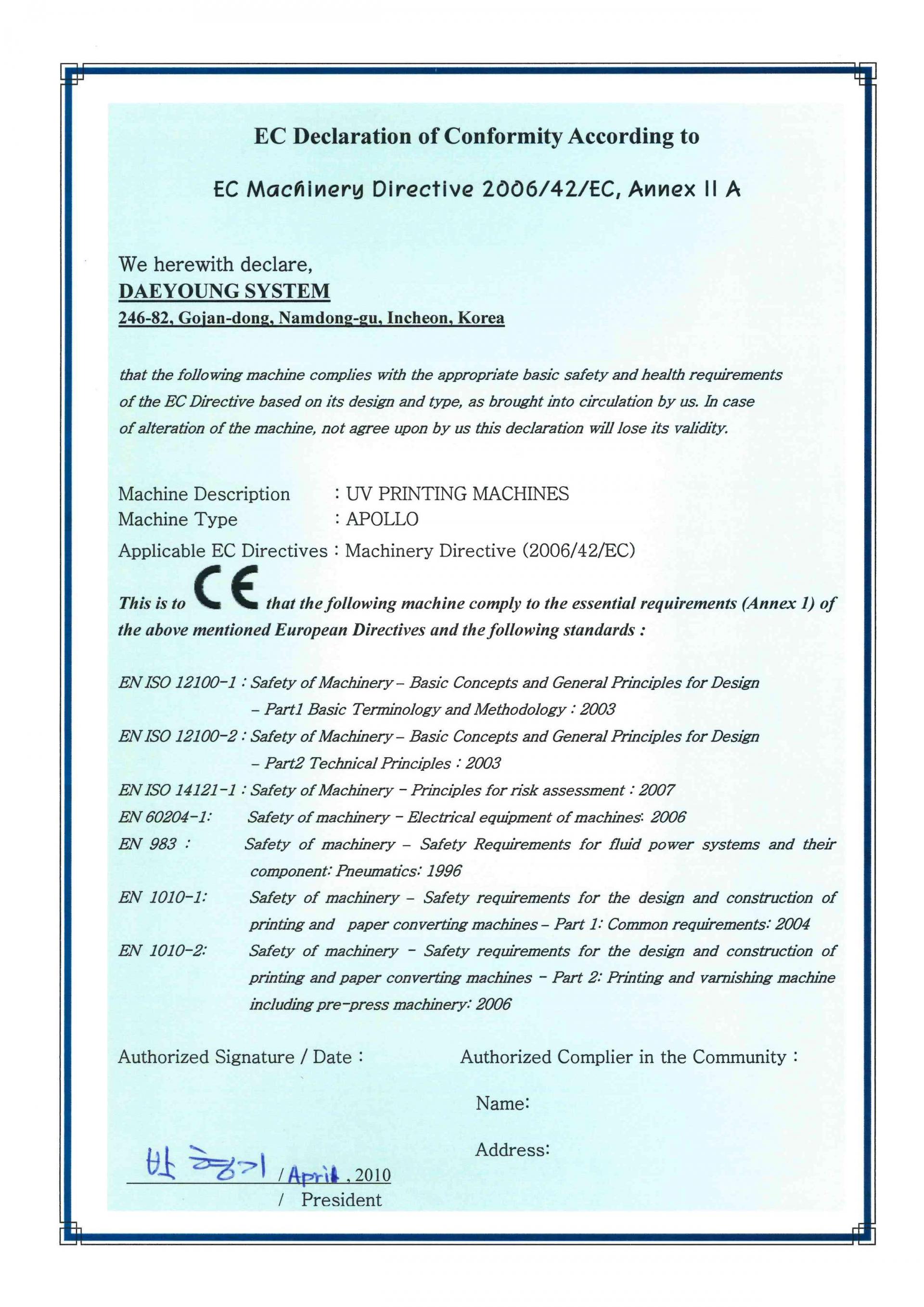 CE Declaration of Conformity (APOLLO UV PRINTER) : DYSS Certifications