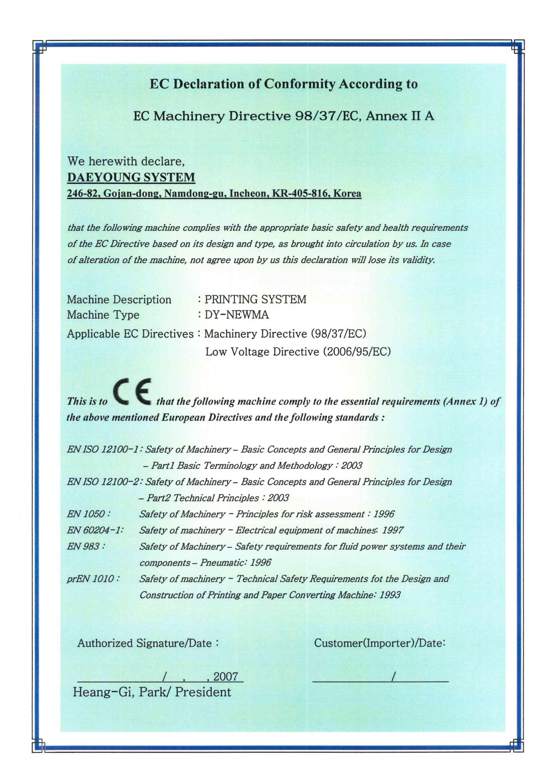 CE Declaration of Conformity (DY-NEWMA) : DYSS Certifications