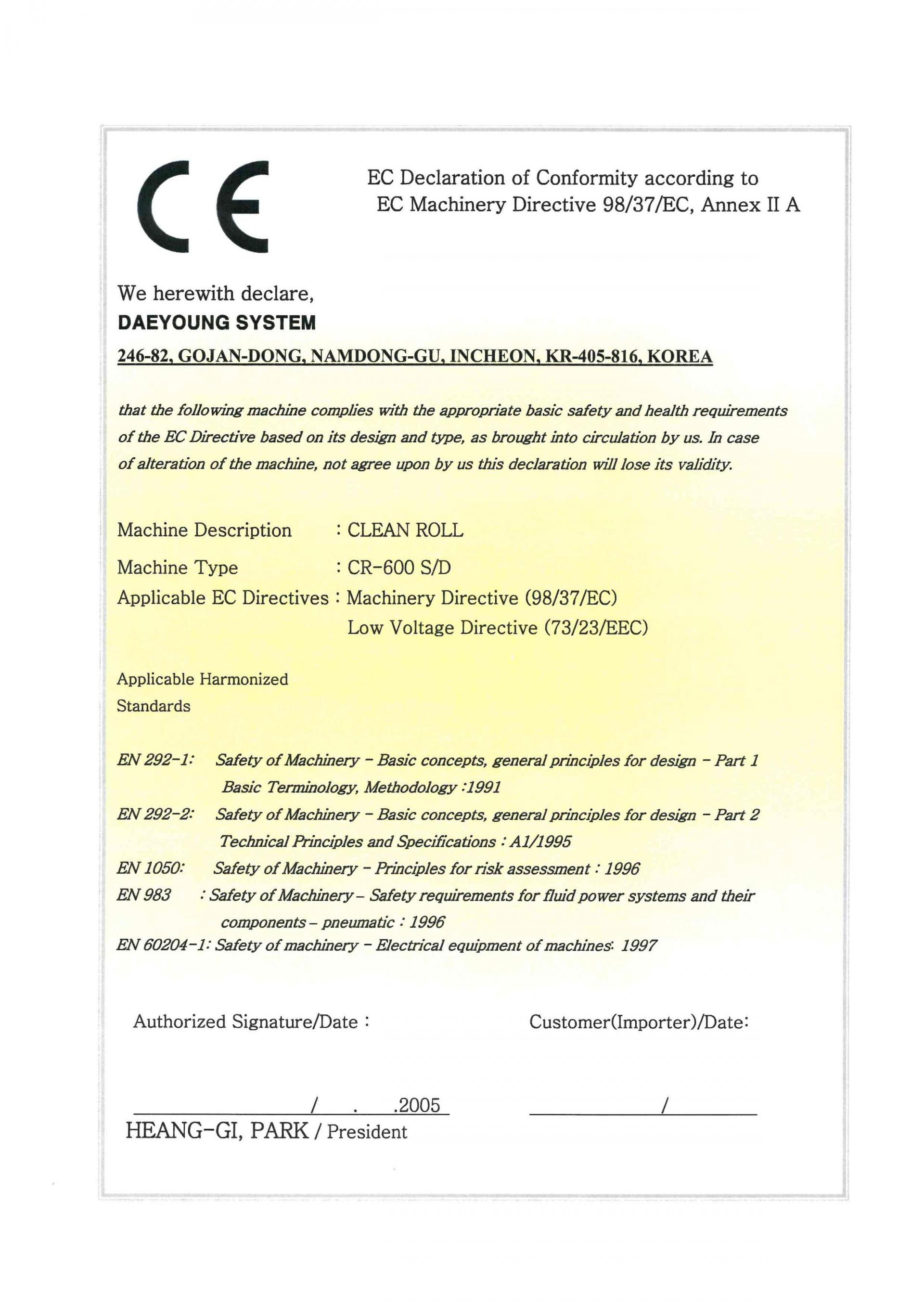 CE Declaration of Conformity (CR-600 S/D) : DYSS Certifications