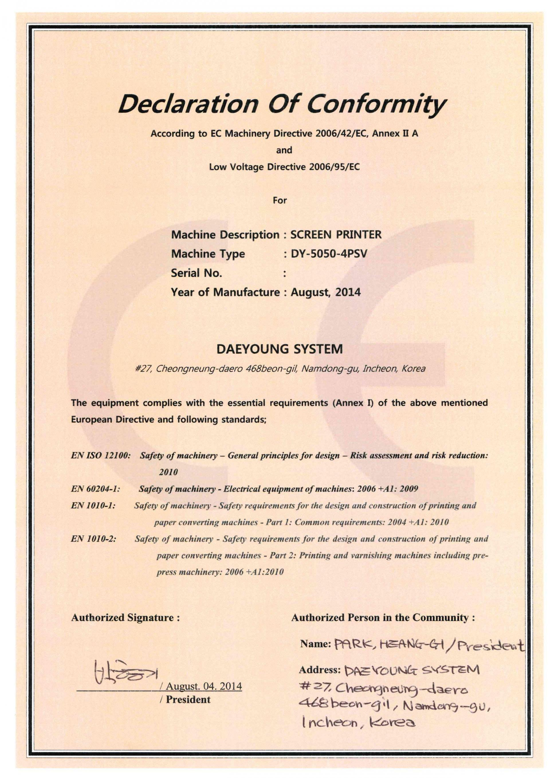 CE Declaration of Conformity (DY-5050-4PSV) : DYSS Certifications