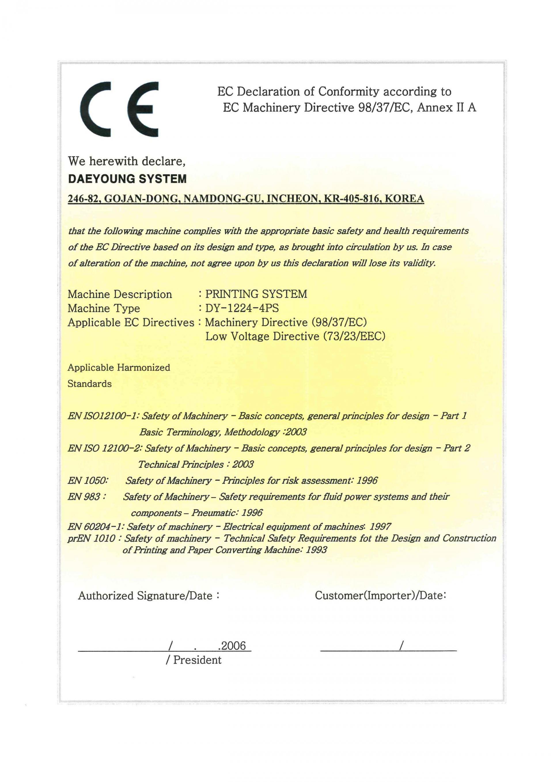 CE Declaration of Conformity (DY-1224-4PS) : DYSS Certifications