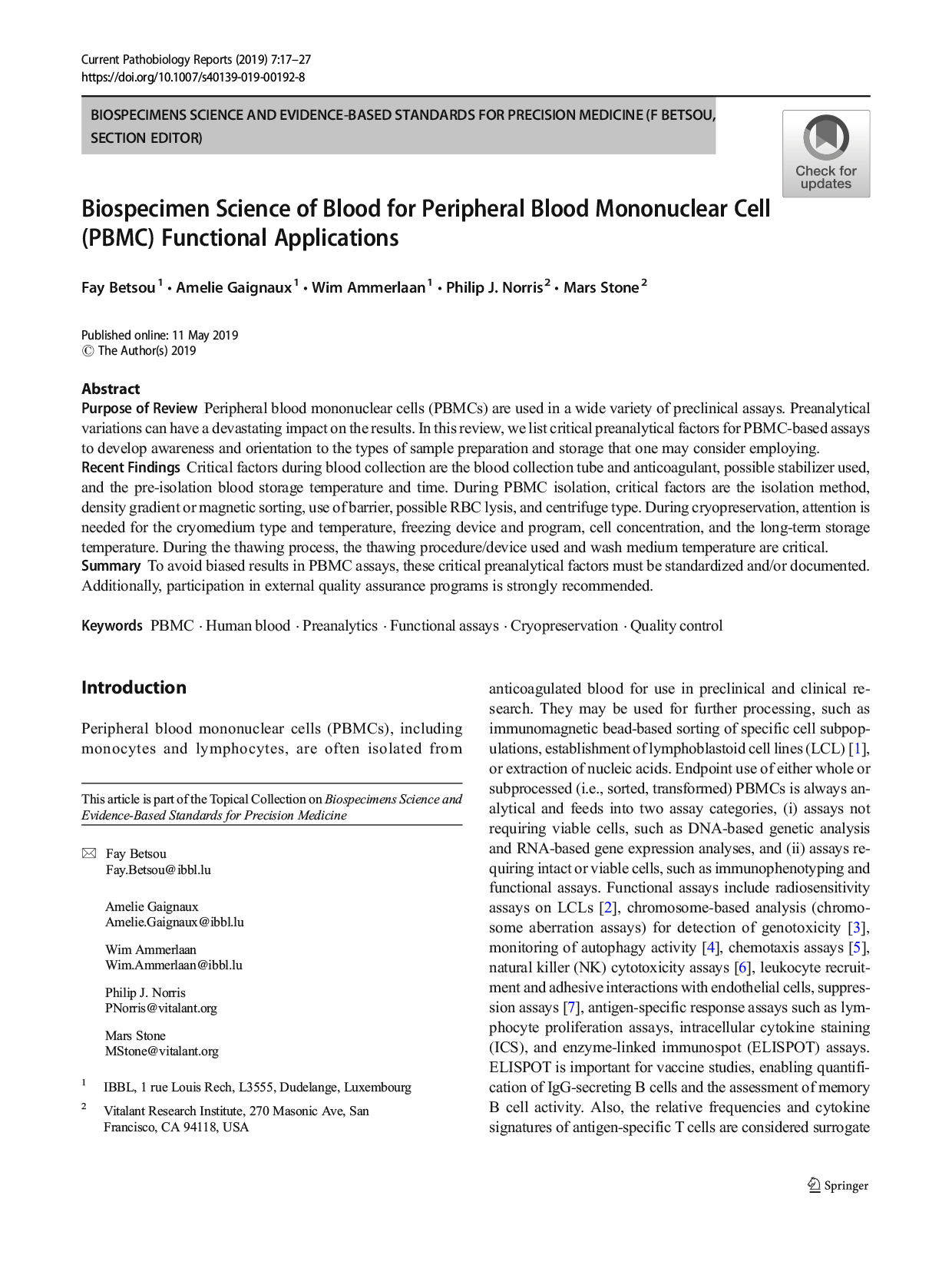 Biospecimen Science of Blood for Peripheral Blood Mononuclear Cell ...