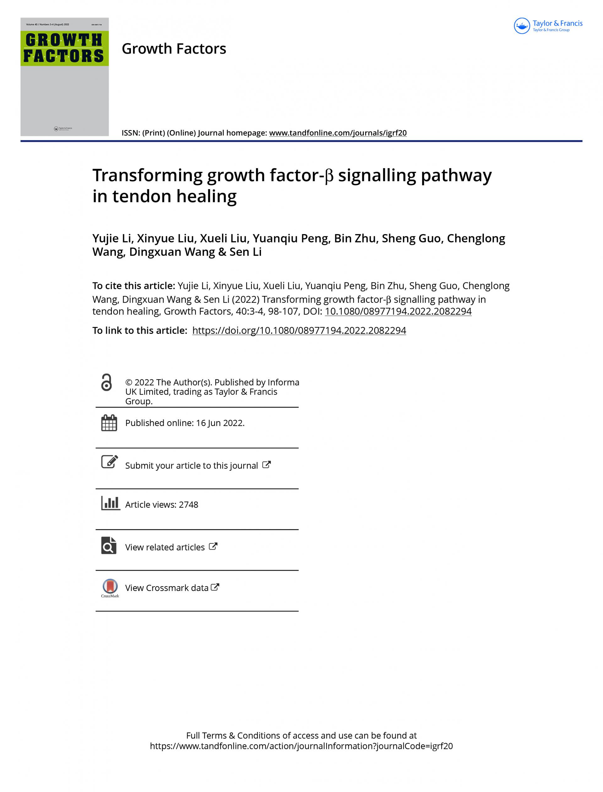 Transforming Growth Factor-β Signaling Pathway in Tendon Healing : 노바스템 - 줄기세포와 관련된 논문